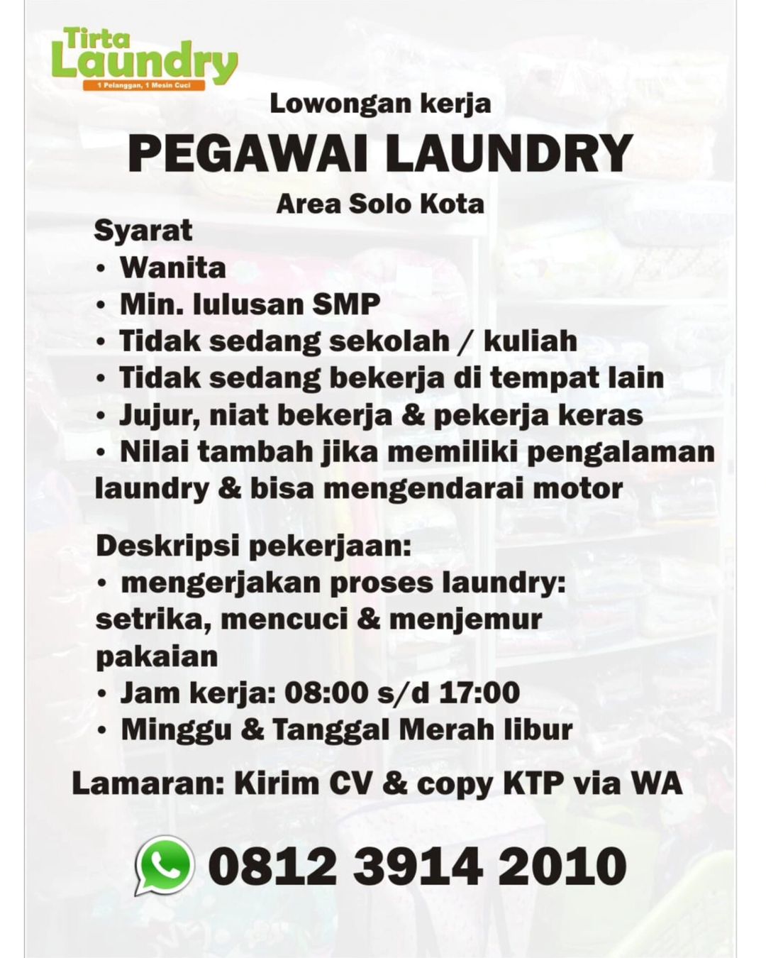 Lowongan Kerja Januari 2024 Pegawai Tirta Laundry di Solo - INFO LOKER SOLO