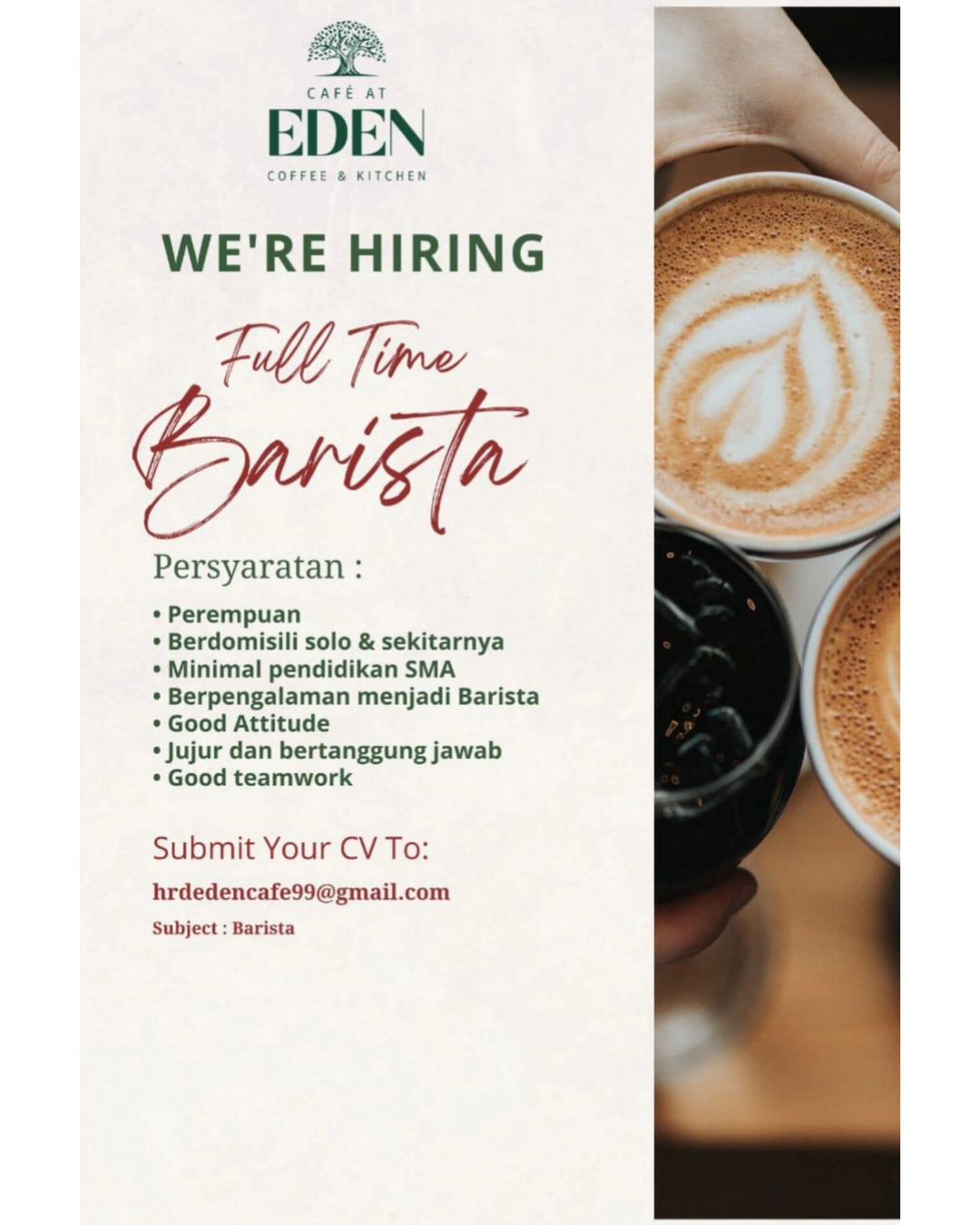 Lowongan Kerja Februari 2024 Barista Cafe At Eden di Solo - INFO LOKER SOLO
