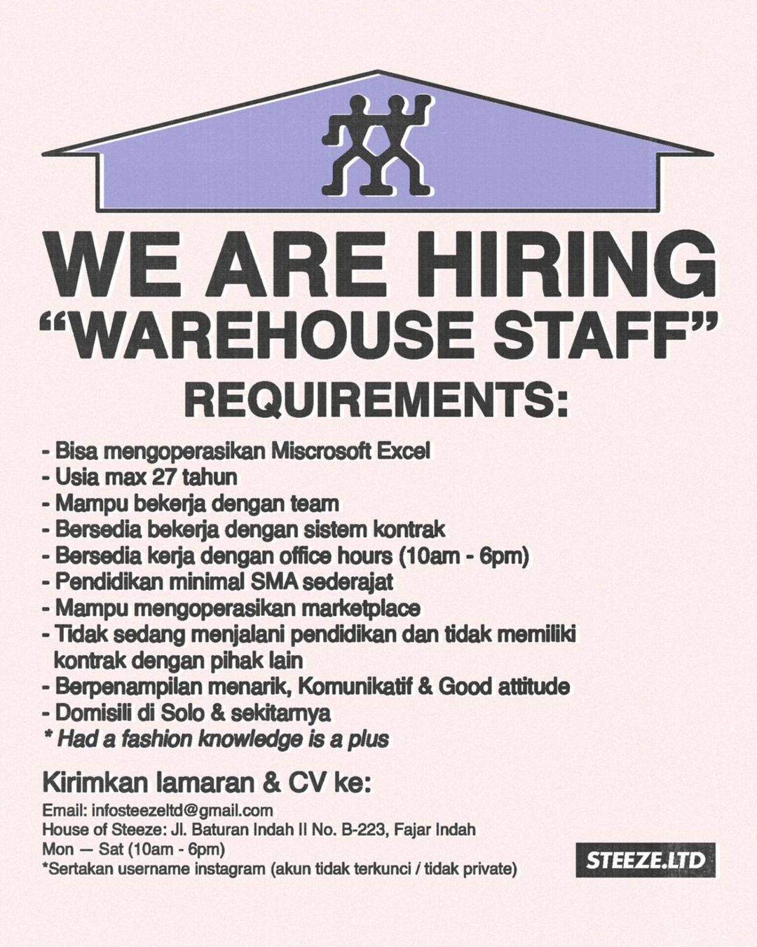 Lowongan Kerja Februari 2024 Warehouse Staff Steeze Ltd di Solo - INFO ...