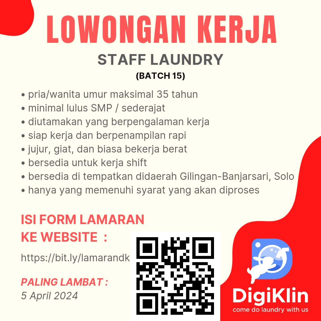 Lowongan Kerja Maret 2024 Staff Laundry Digiklin di Solo - INFO LOKER SOLO
