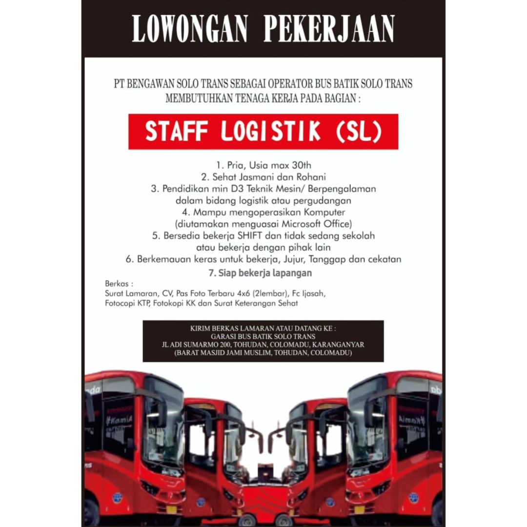 Lowongan Kerja April 2024 Staff Logistik PT Bengawan Solo Trans di Solo ...
