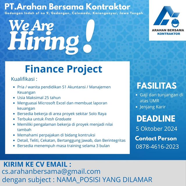 Lowongan Kerja September 2024 Finance Project PT Arahan Bersama ...