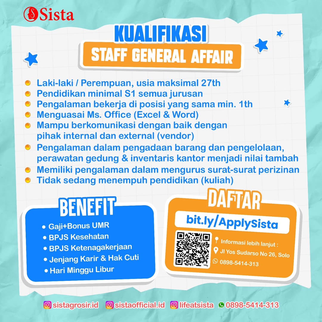 Lowongan Kerja November 2024 Staff General Affair Sista Group di Solo ...