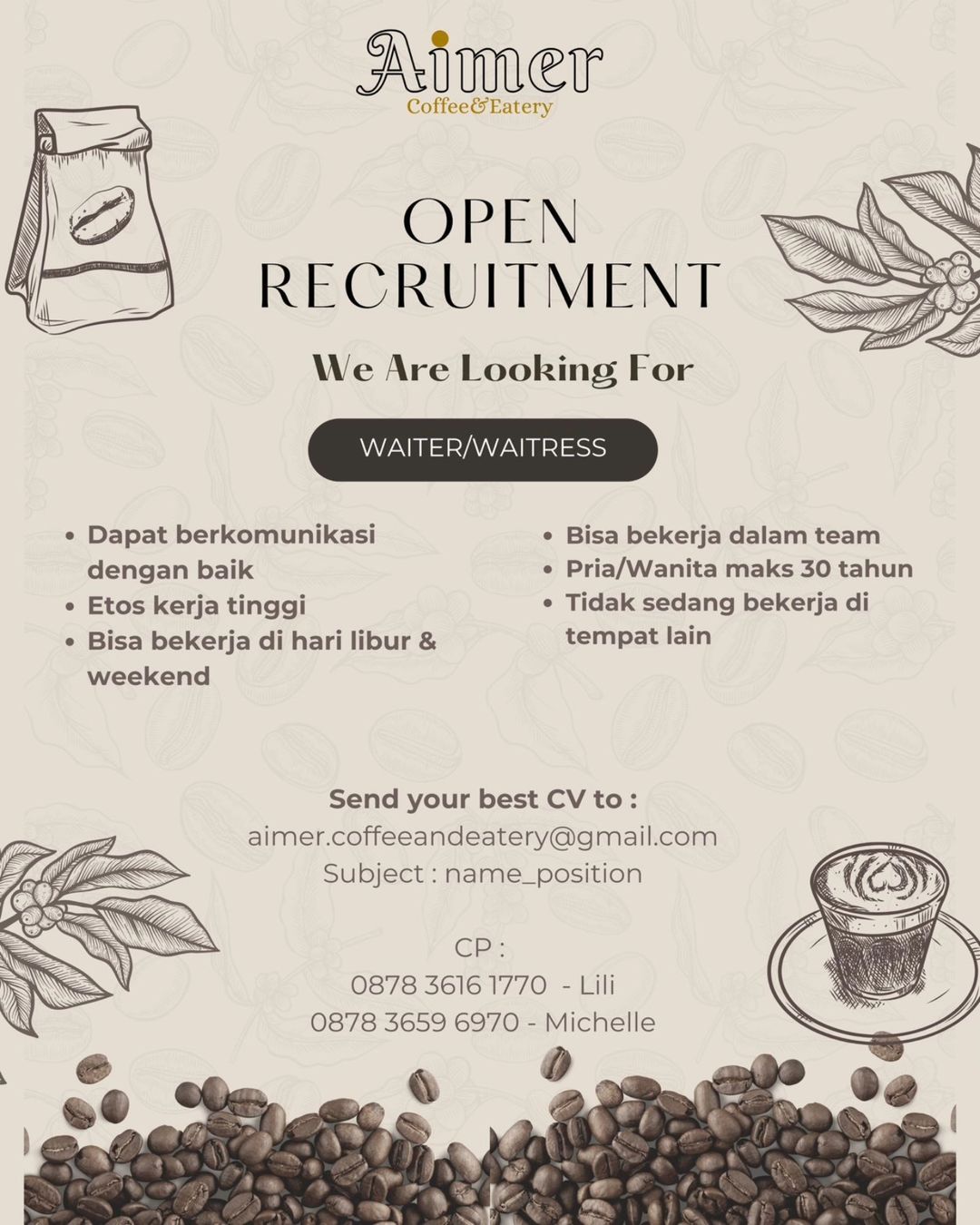 Lowongan Kerja November 2024 Waiter Aimer Coffee Eatery di Solo - INFO ...