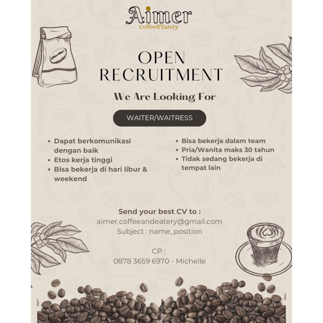 Lowongan Kerja Desember 2024 Waiter Aimer Coffee Eatery di Solo - INFO ...