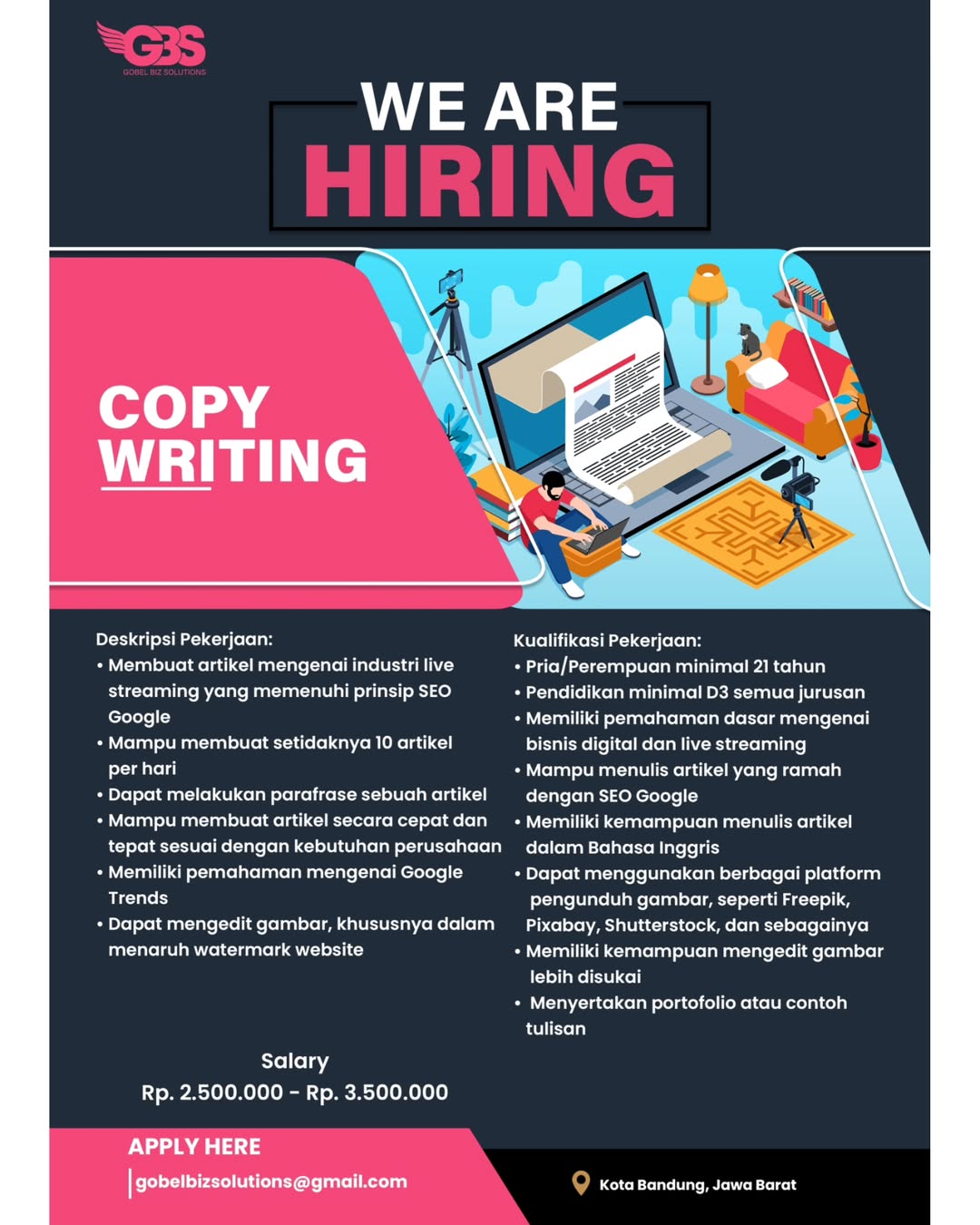 Lowongan Kerja Januari 2025 Copywriting PT Gobel Biz Solution di Solo ...