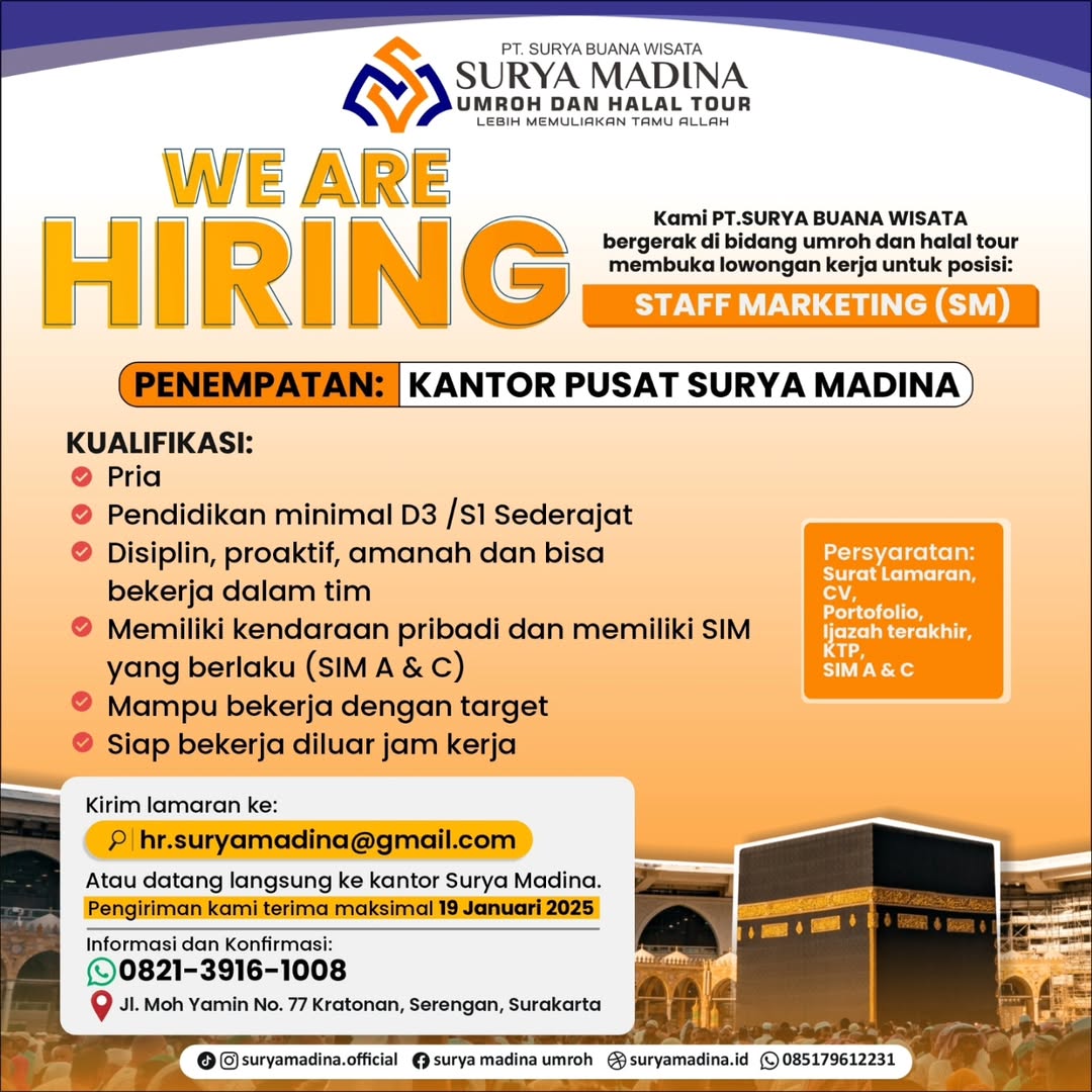 Lowongan Kerja Januari 2025 Staff Marketing PT Surya Buana Wisata di ...