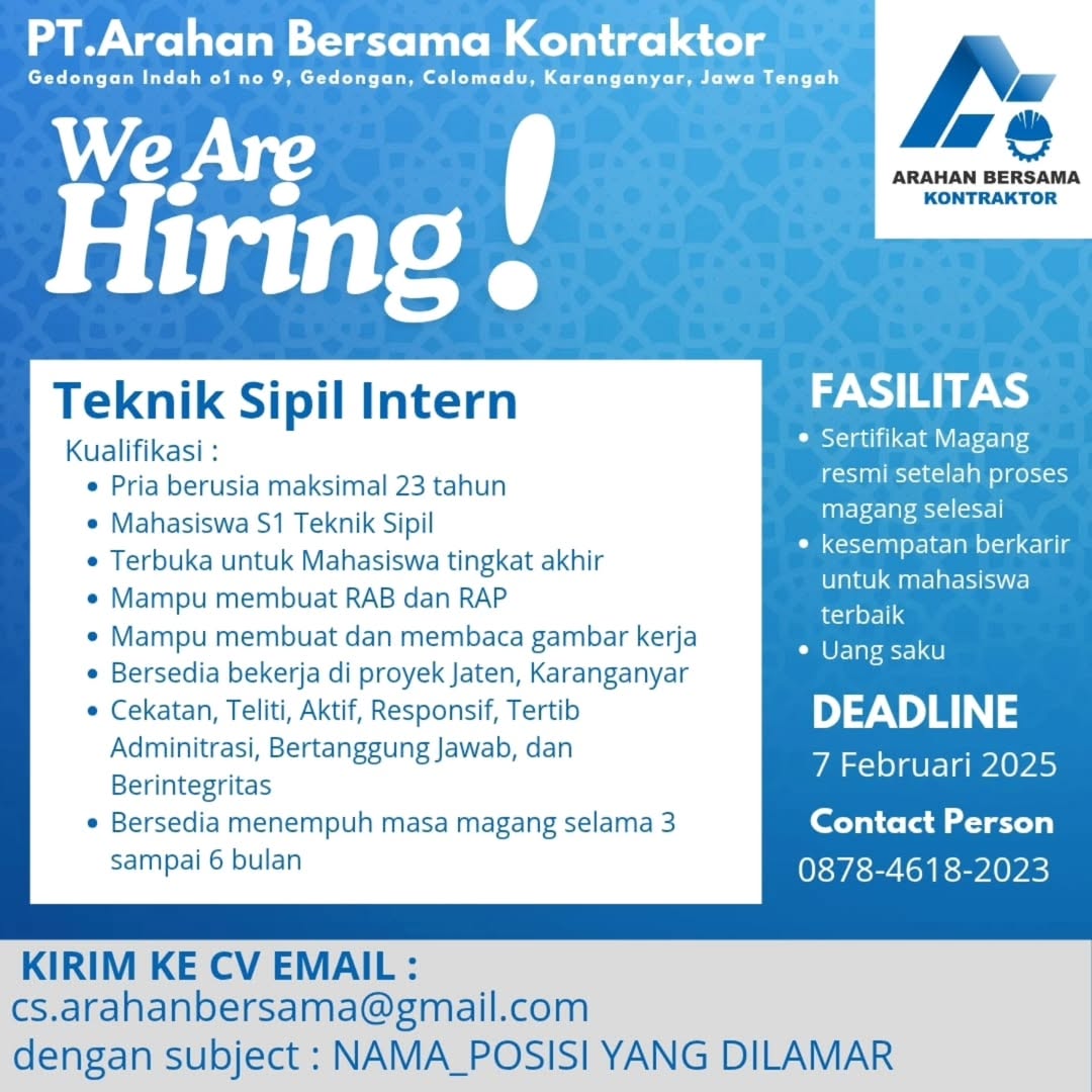 Lowongan Kerja Januari 2025 Teknik Sipil Intern PT Arahan Bersama ...