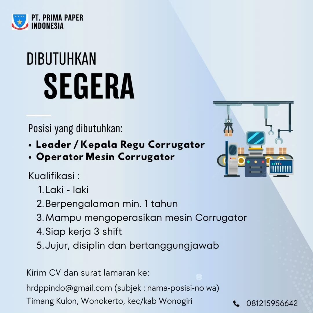 Lowongan Kerja Januari 2026 PT Prima Paper Indonesia di Solo - INFO ...