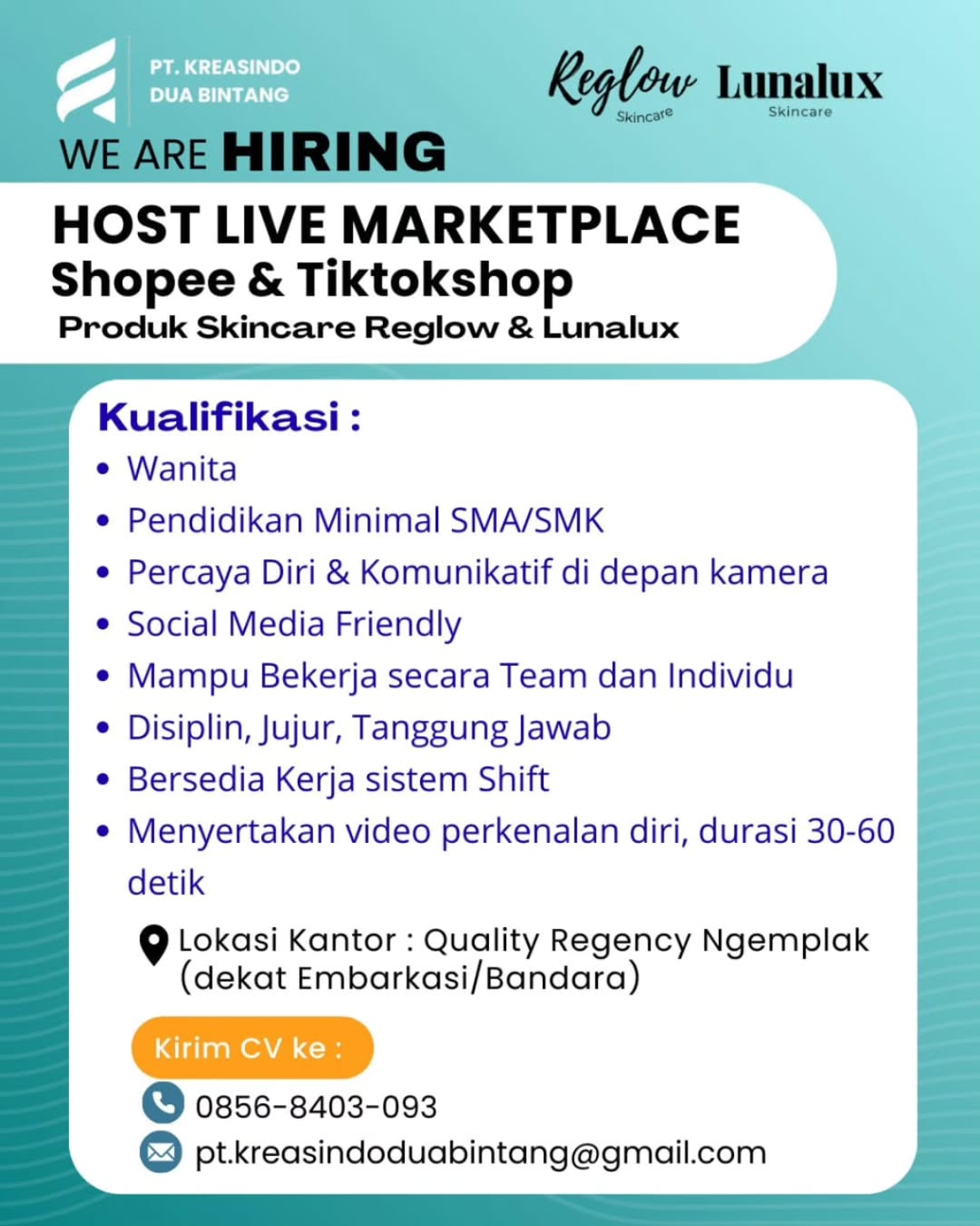 Lowongan Kerja Januari 2026 Host Live PT Kreasindo Dua Bintang di Solo ...